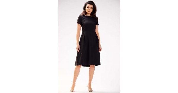 Rochie neagra office clasica de zi midi cu maneci scurte