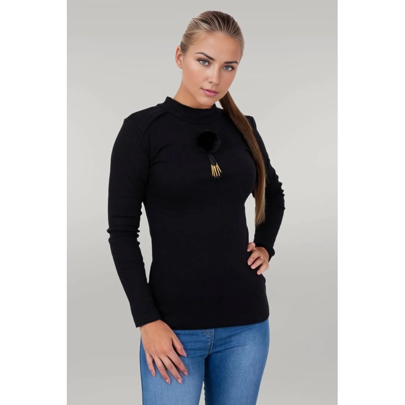 Bluza de dama neagra cu accesoriu pufos