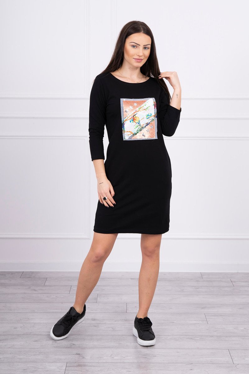 Rochie neagra mini cu imprimeu 3D-pasare