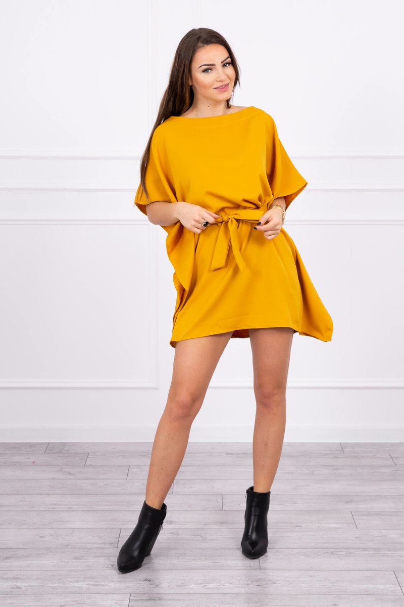 Rochie mini mustar cu cordon in talie