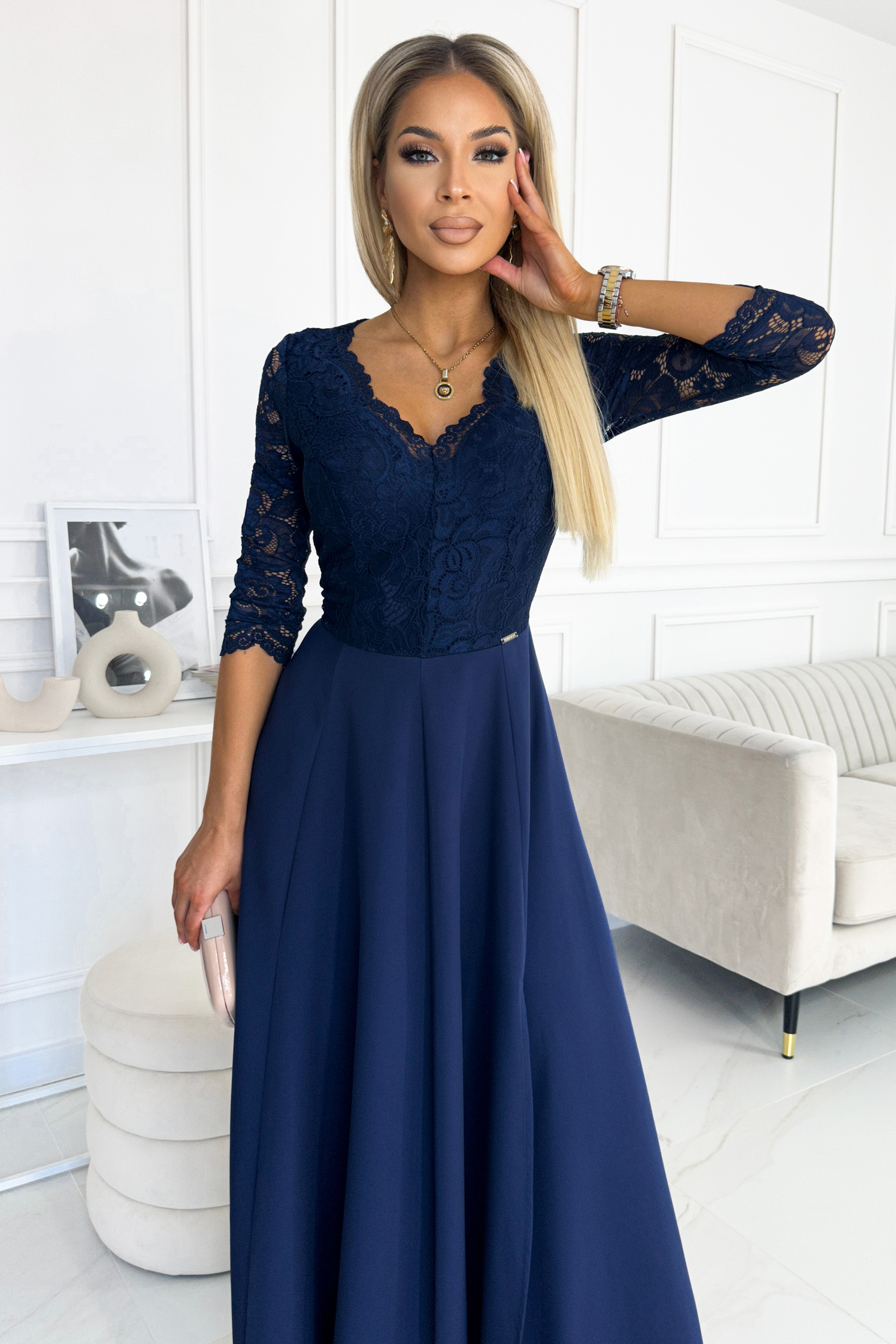 Rochie bleumarin de seara lunga, eleganta, de nunta