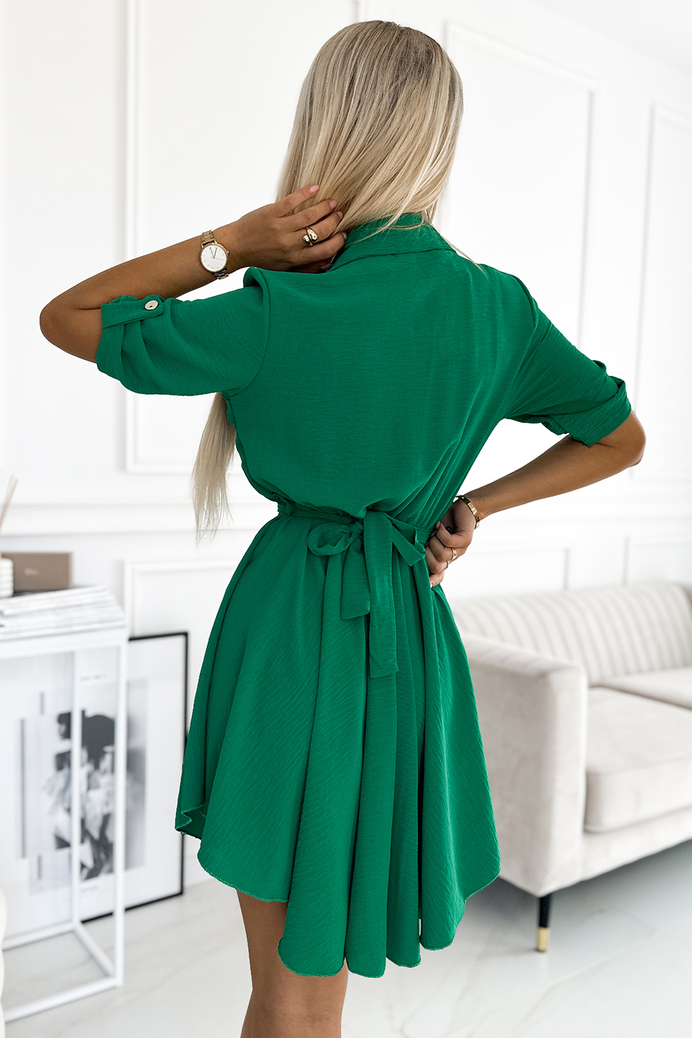 Rochie scurta stil camasa verde cu guler si cordon