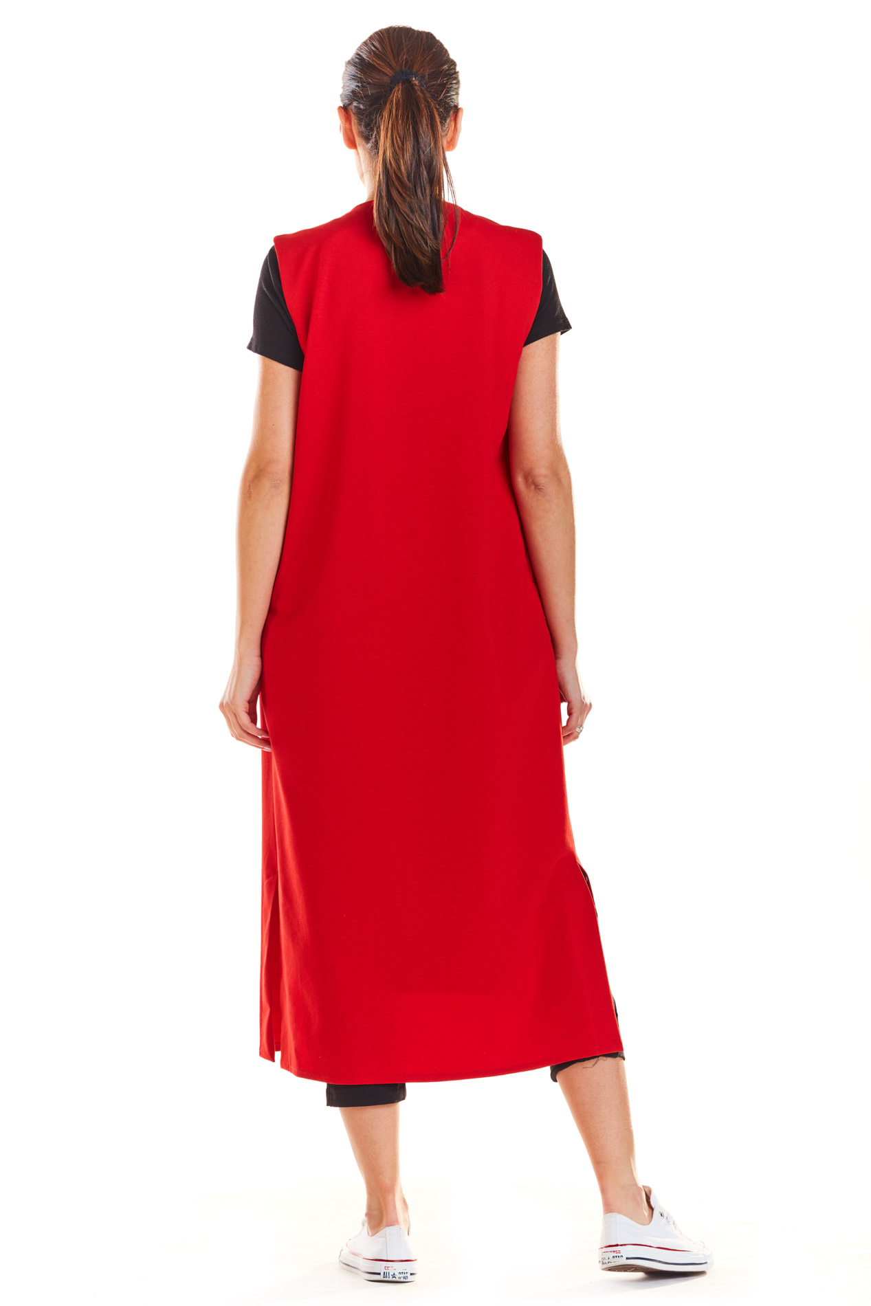 Vesta lunga dama maxi rosie cu decupaje decorative